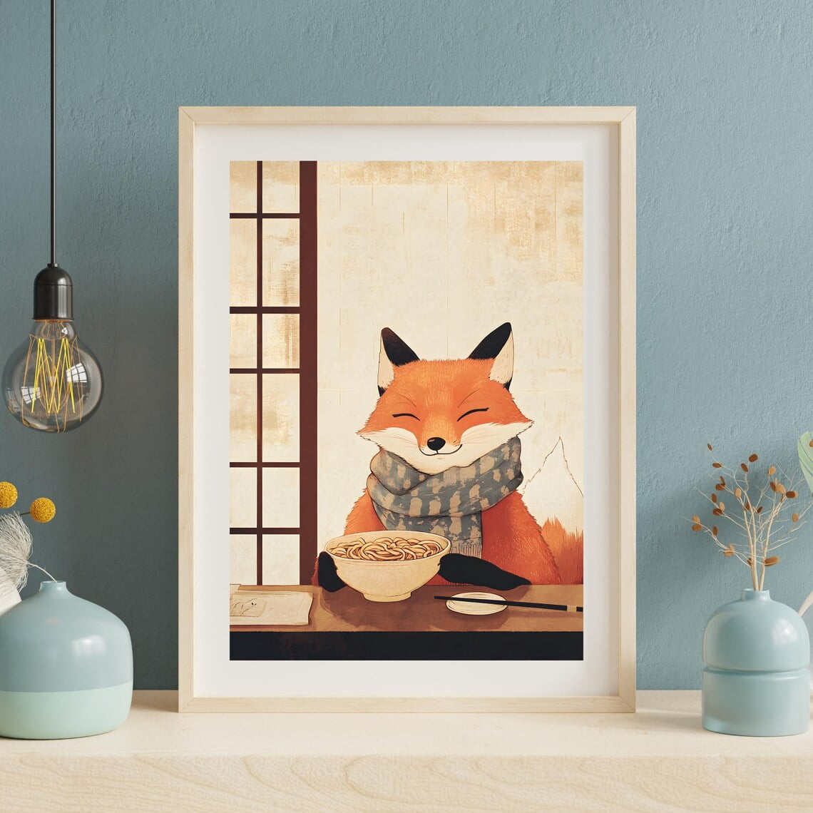 Cozy Fox With Noodles Poster, Cute Foxjapanese Style Fox Print ...