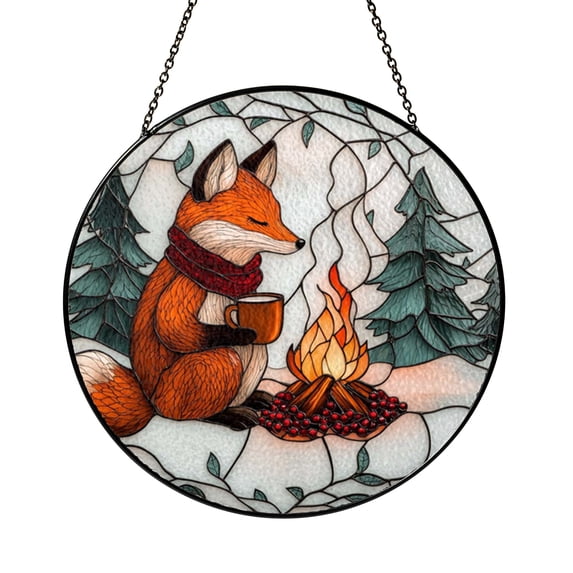 Cozy Fox by Campfire Stained Glass Style Suncatcher Window Hanging ...