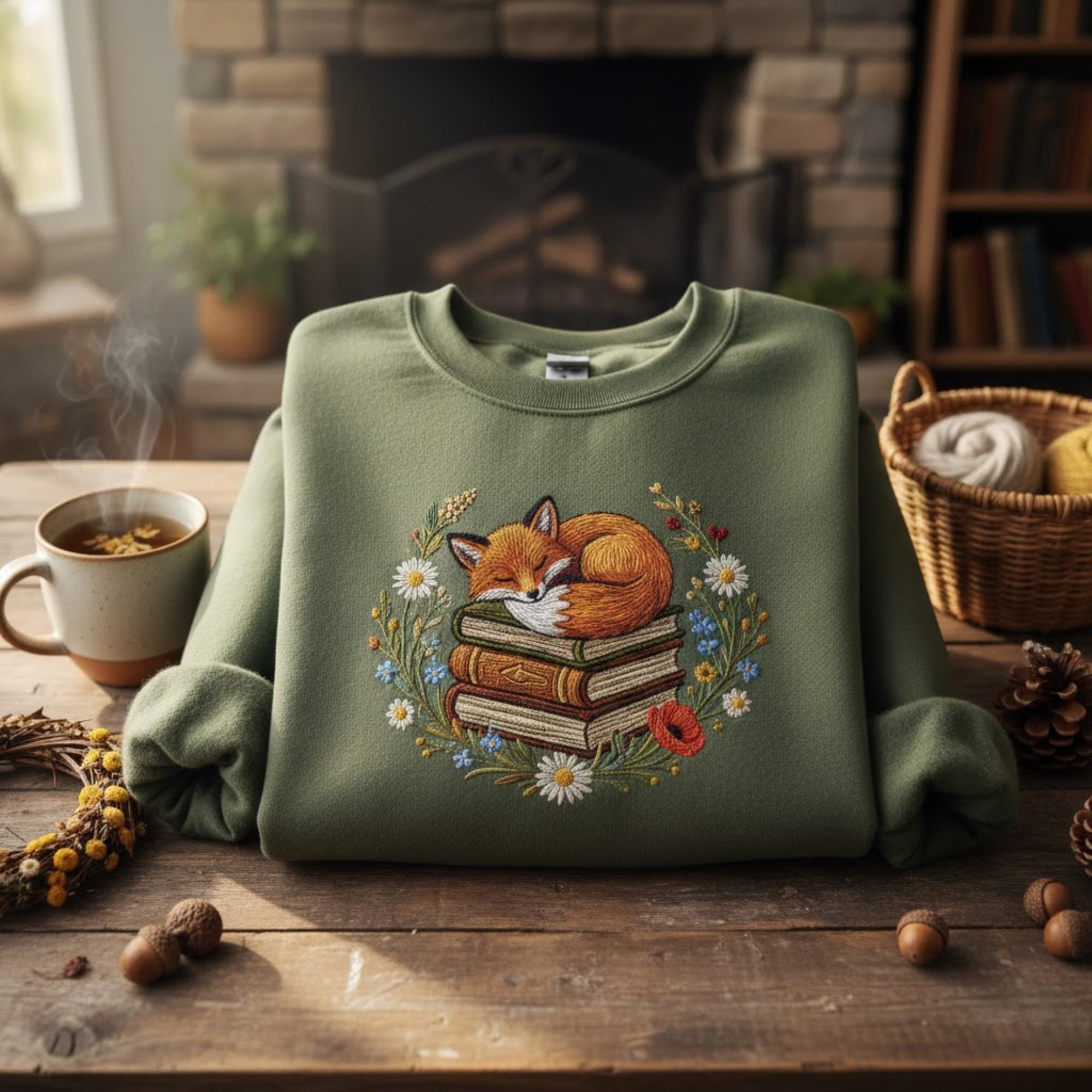 Cozy Fox on Books Embroidered Sweatshirt Vintage Cottagecore Animal Art ...