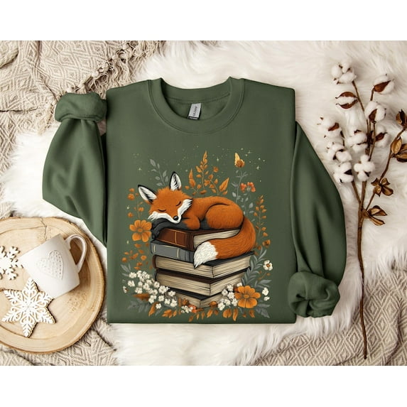 Cozy Fox on Books Sweatshirt Trendy Vintage Cottagecore Animal Art ...