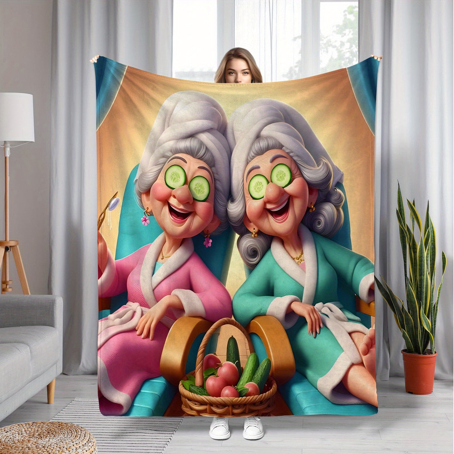 Cozy Friendship-Themed Flannel Blanket with Laughing Grandma Print ...