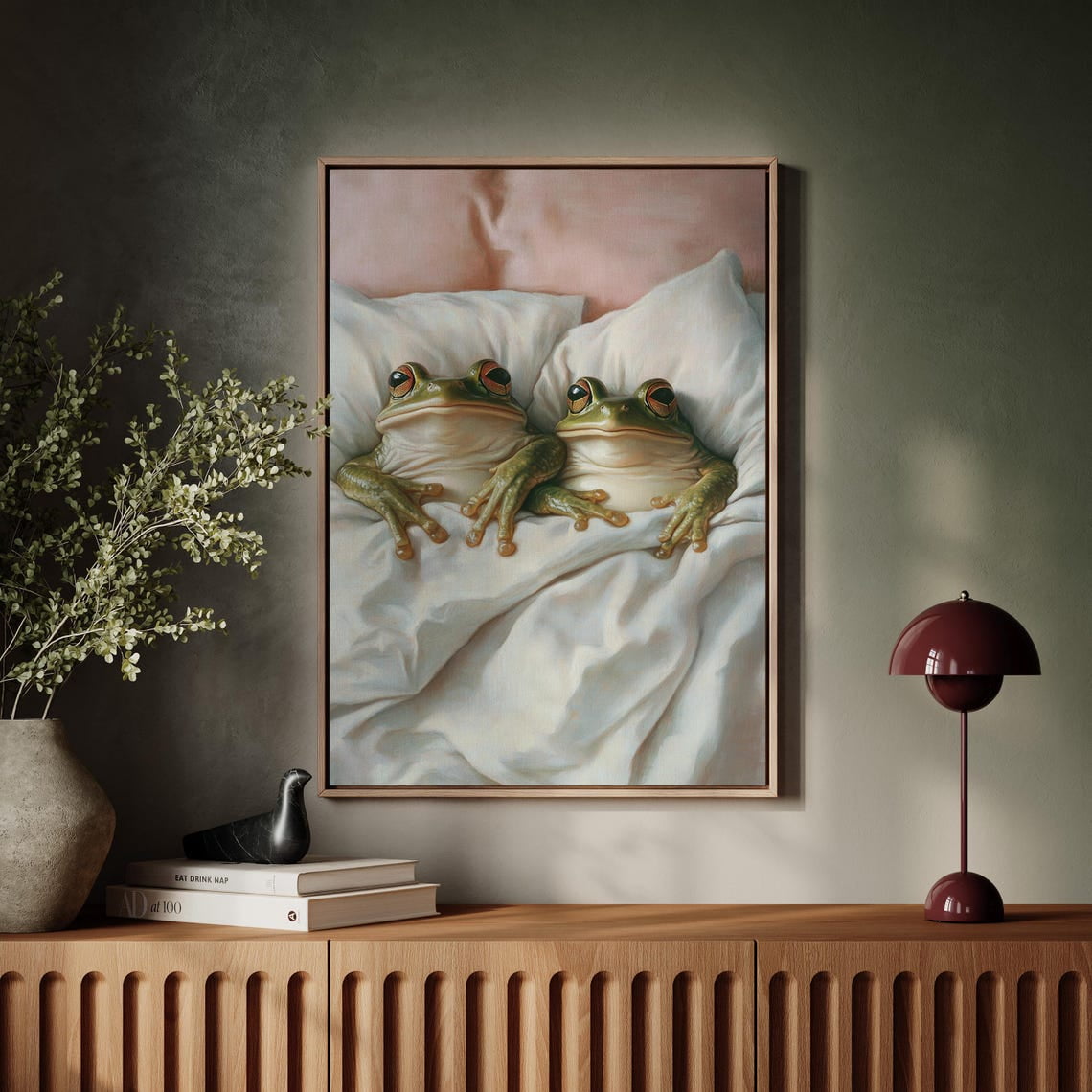 Cozy Frog Couple In Bed - Quirky Oil Painting Style Wall Art, Funny ...