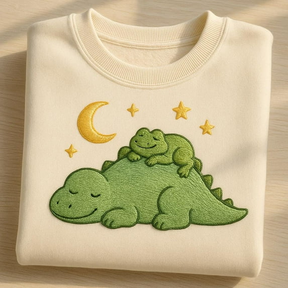 Cozy Frog and Dinosaur Embroidered Sweatshirt, Sleeping Dino Toad ...