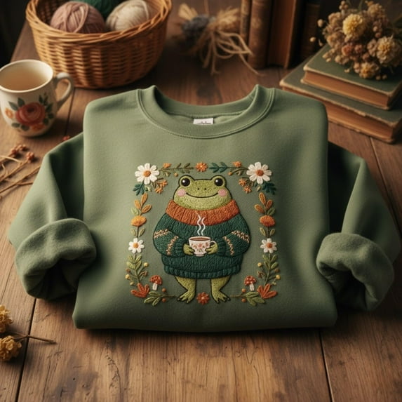 Cozy Frog with Tea Embroidered Shirt Cottagecore Folk Art Sweatshirt ...