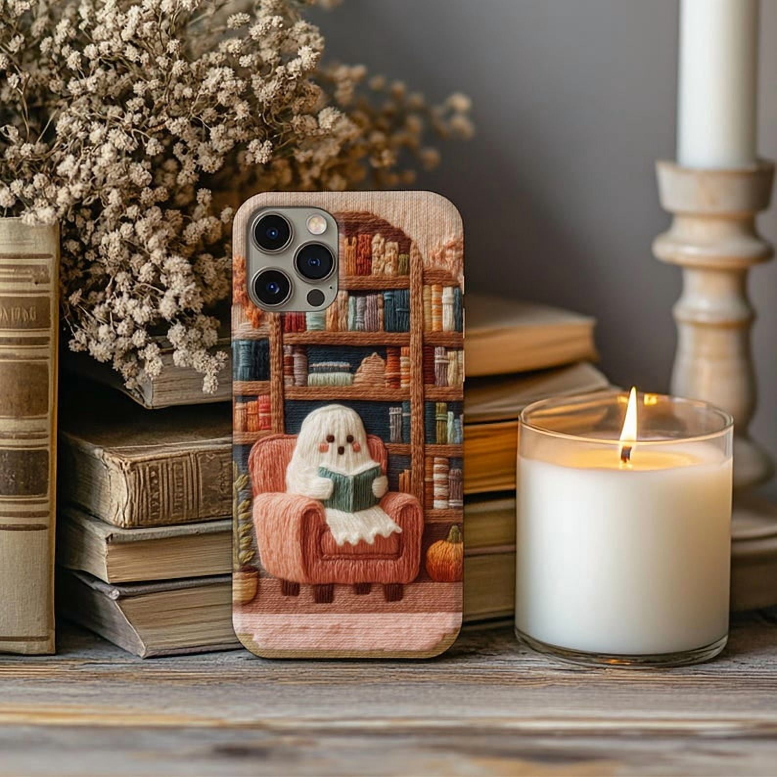 Cozy Ghost Reader Phone Case for iPhone 11 to 16 Halloween Autumn Book ...