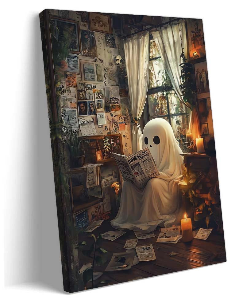 Cozy Ghost Reading Books Wall Art, Haunted Library Halloween Decor ...