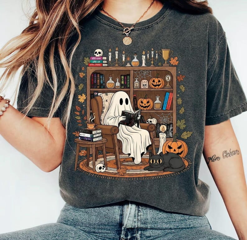 Cozy Ghost Reading Halloween T-Shirt, Haunting Adeline Sweatshirt, Fall Library Boo Ghost Hoodie ...