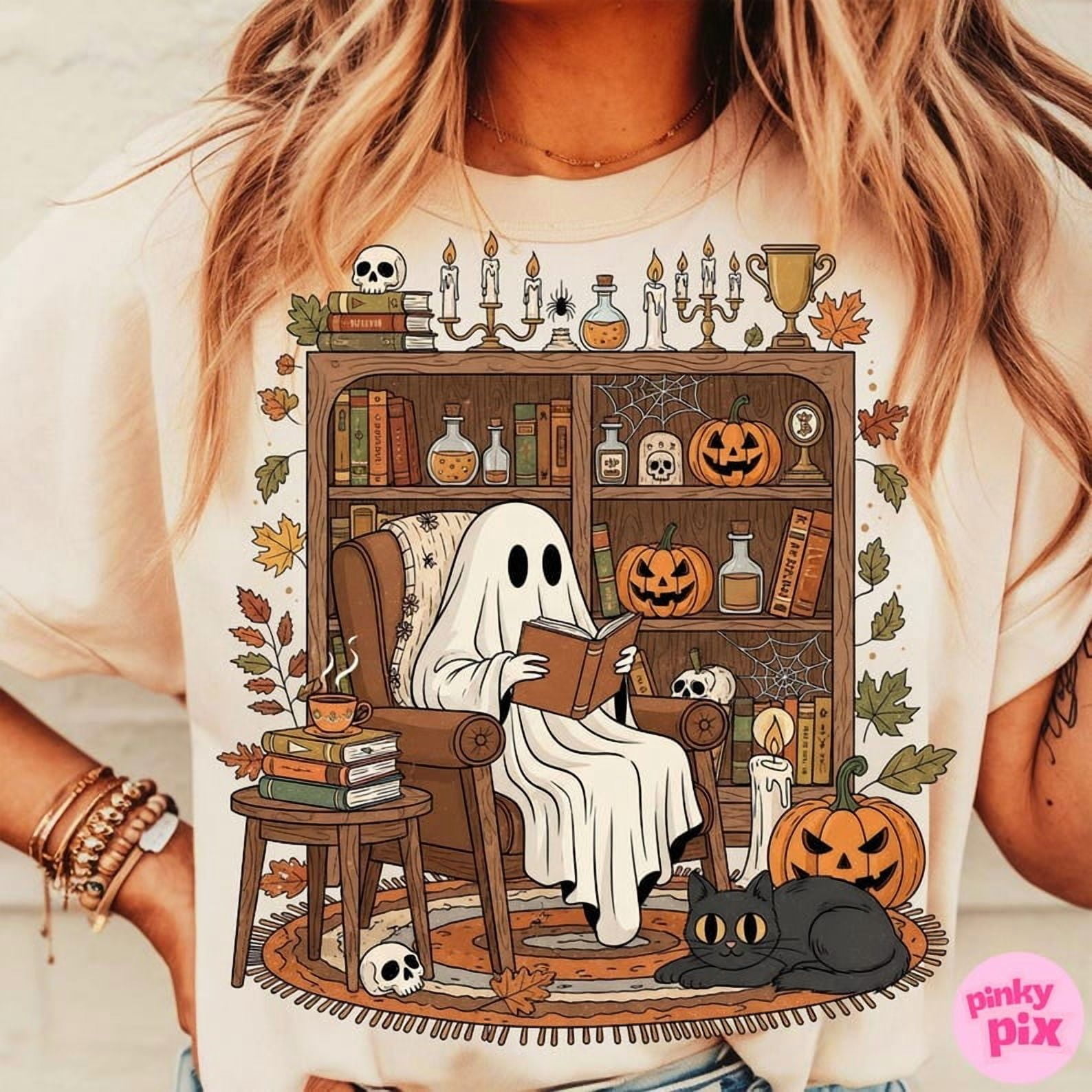 Cozy Ghost Reading Halloween Tshirt, Book Lover Ghost Sublimation, Fall ...