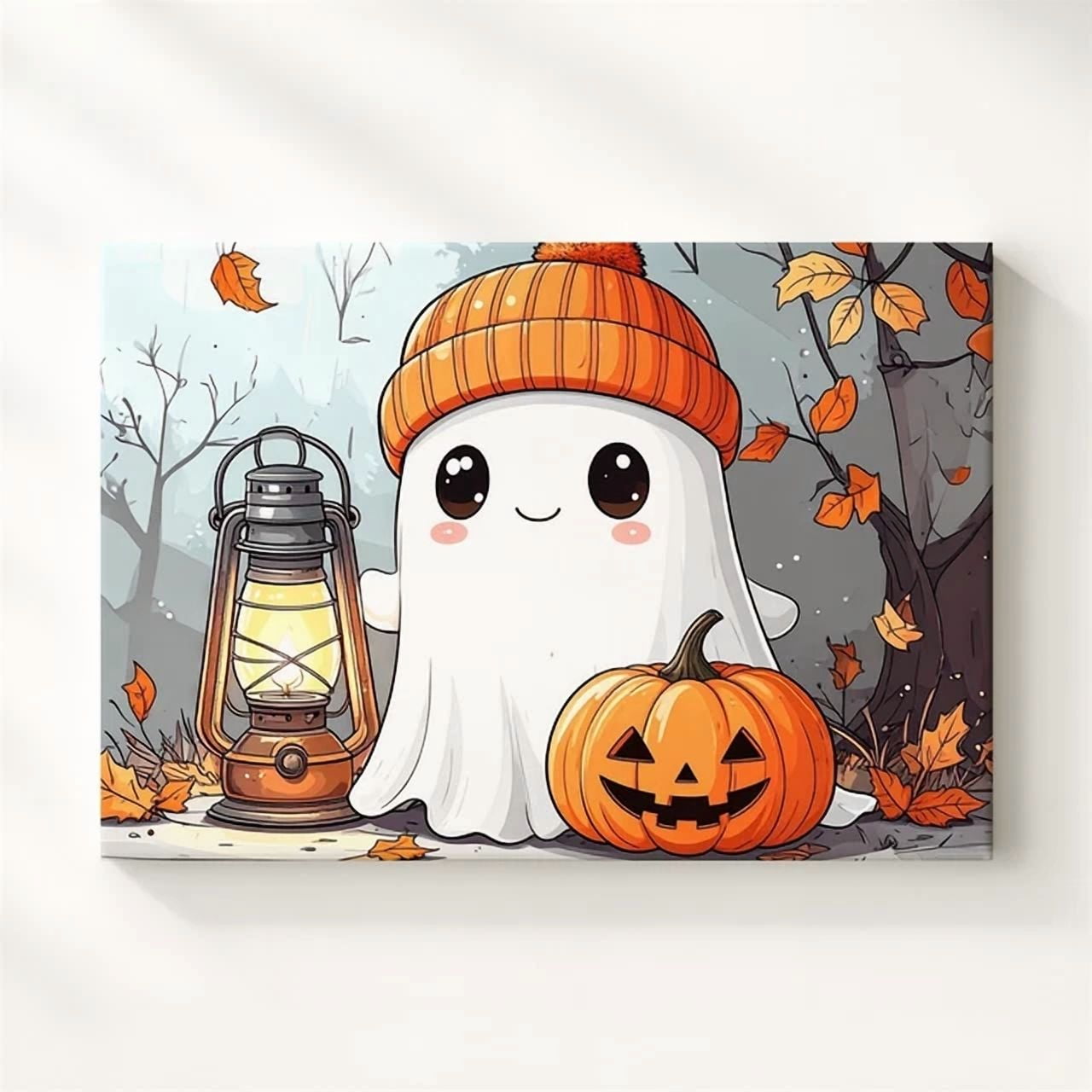 Cozy Ghost With Pumpkin Cute Autumn Hal.Low.Een Wall Art Living Room ...
