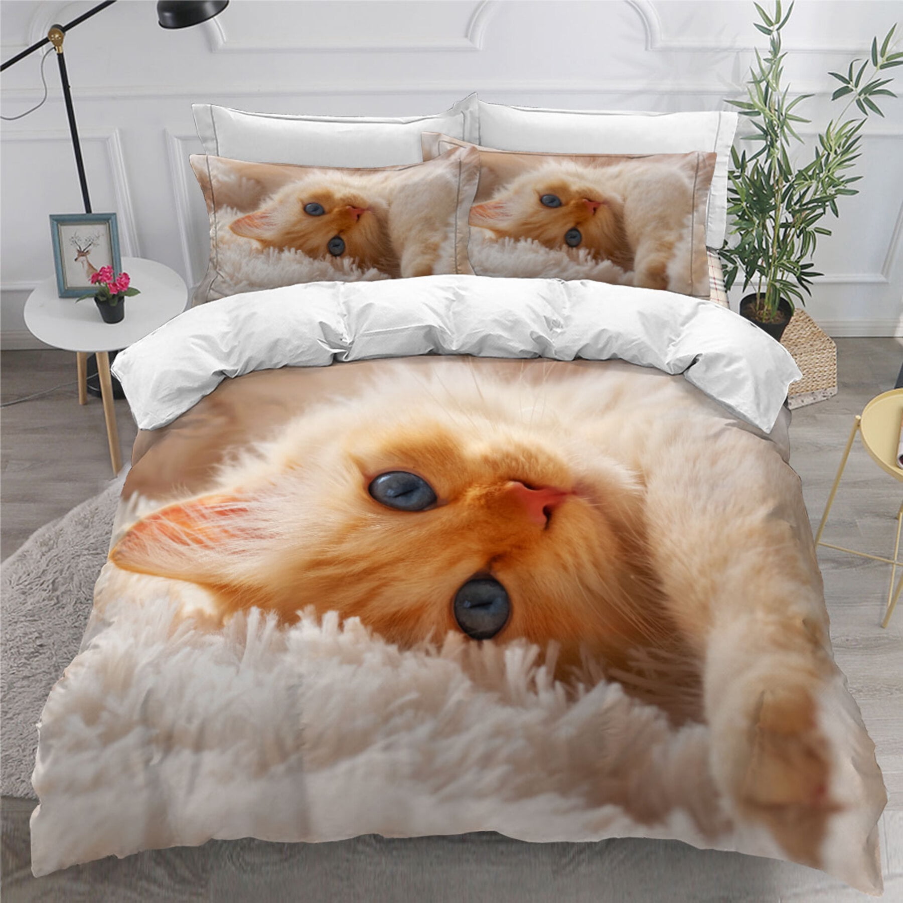 Cozy Ginger Cat Bedding Set Soft White Comforter with Vibrant Cat Print ...