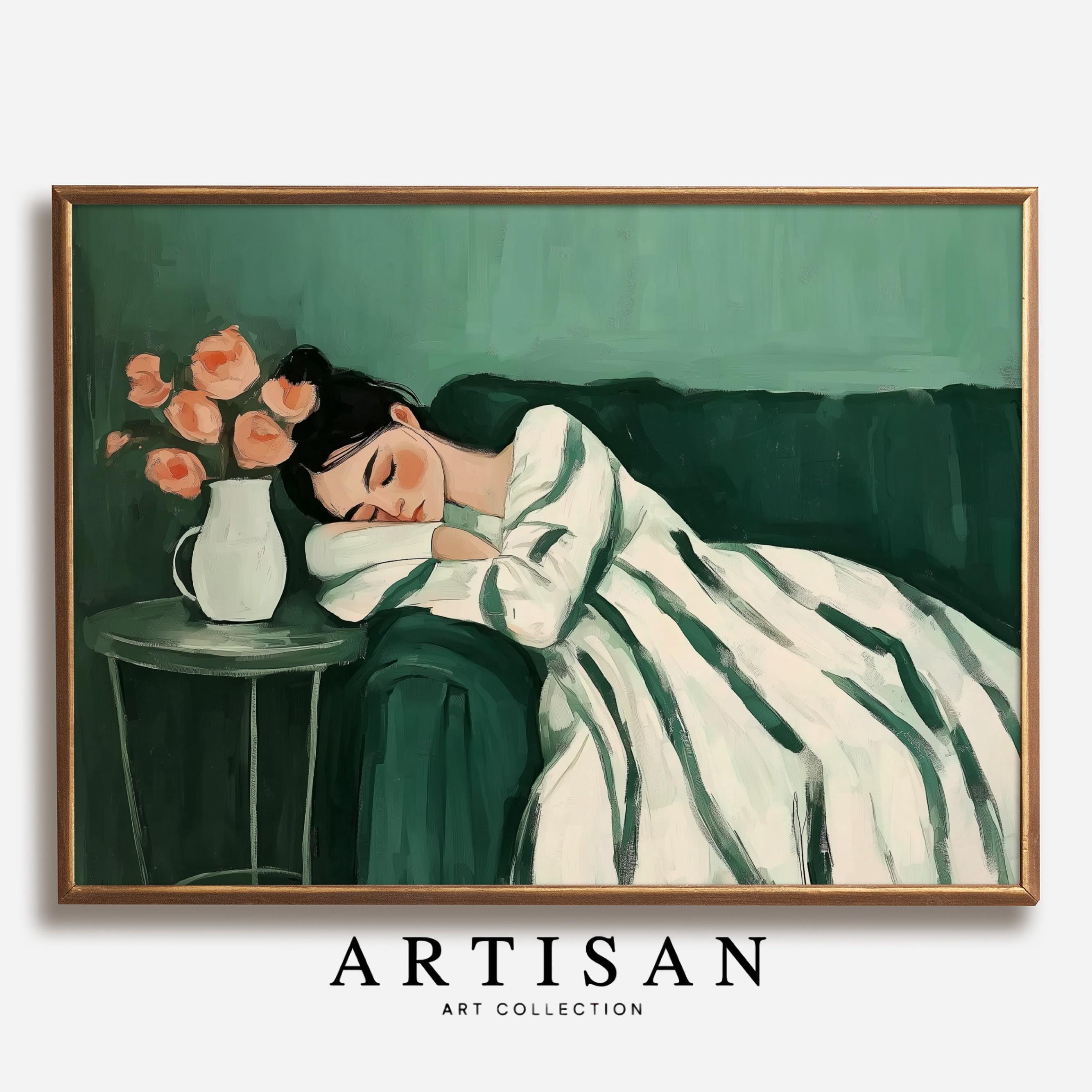 Cozy Girl Wall Art Print, Woman Sleeping Poster, Calm Green Decor ...