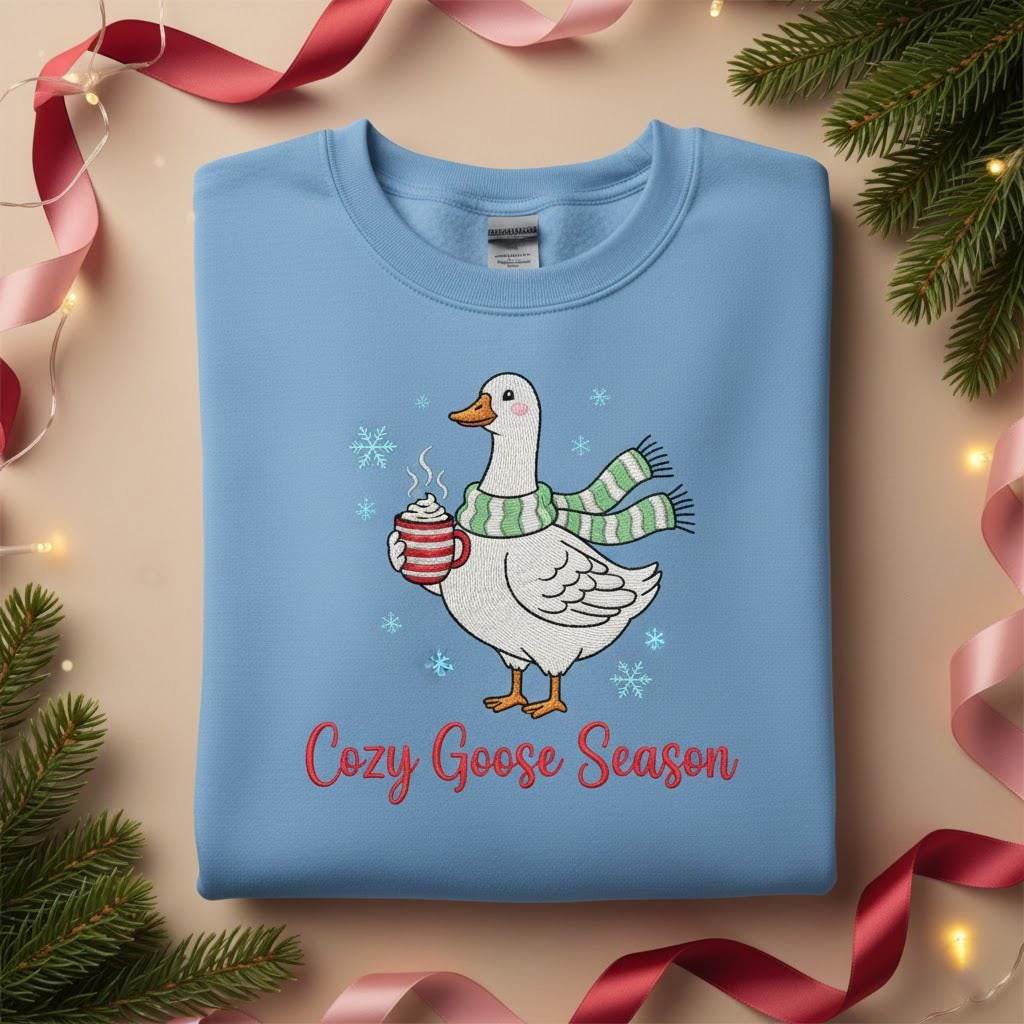 Cozy Goose Season Embroidered Sweatshirt, Hot Cocoa Winter Goose ...
