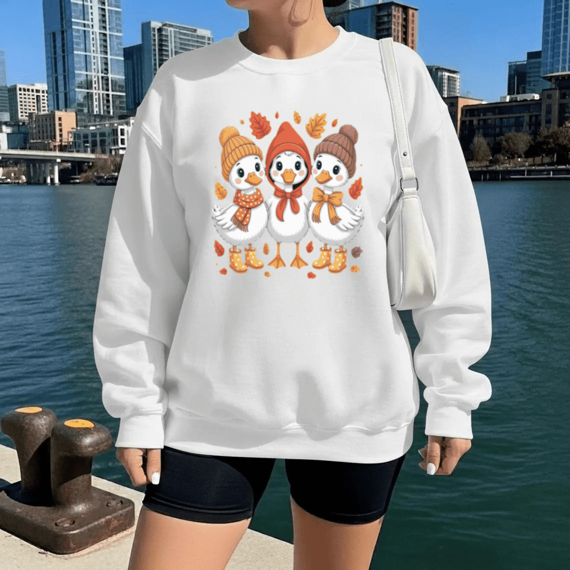 Cozy Goose with Autumn Fall Vibes and Falling Leaves Sweatshirt, up to ...