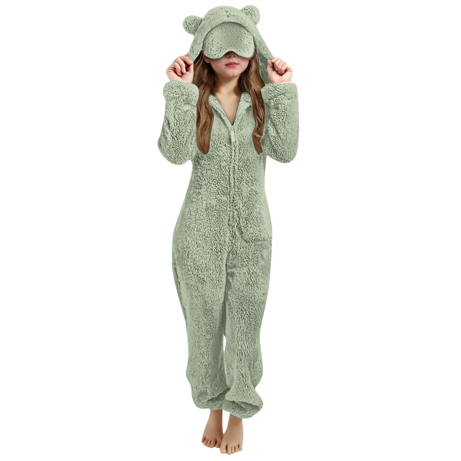 Cozy Green Bear Ears Hooded Sleepwear, Soft Fluffy Onesie with Eye Mask ...