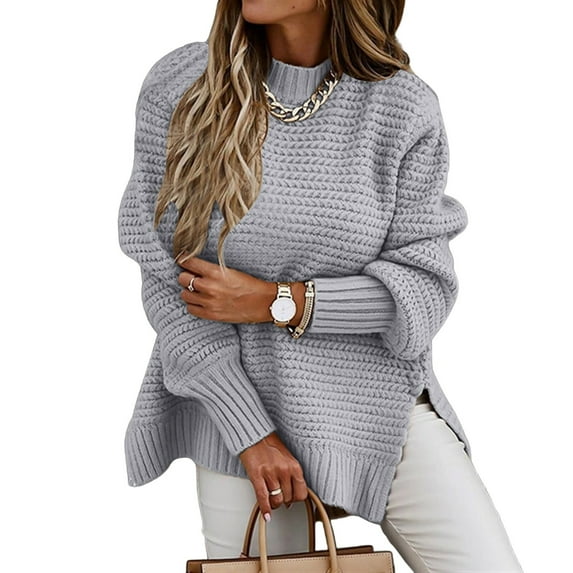 Cozy Half High Neck Womens Sweater, Long Sleeve Loose Fit Solid Color ...
