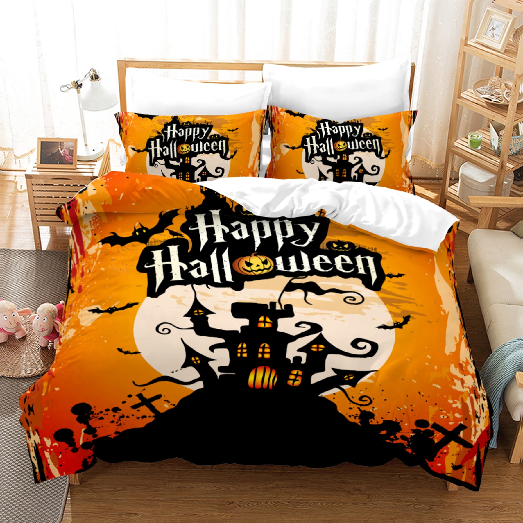 Cozy Halloween Bedding Set Haunted House Design with Full Moon & Bats ...