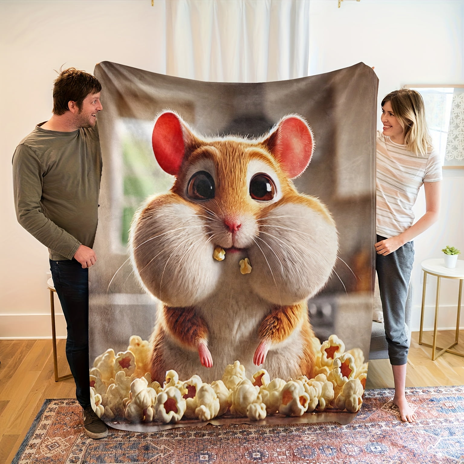 Cozy Hamster-Themed Flannel Blanket Suitable for - Soft Light Beige ...