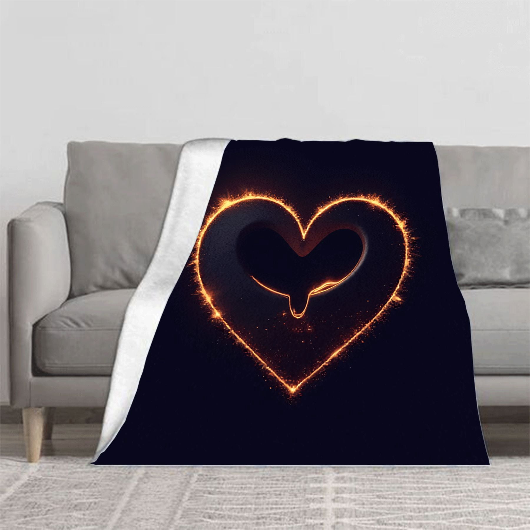Cozy Heart-Shaped Flannel Blanket with Glowing Orange Sparks - Soft ...