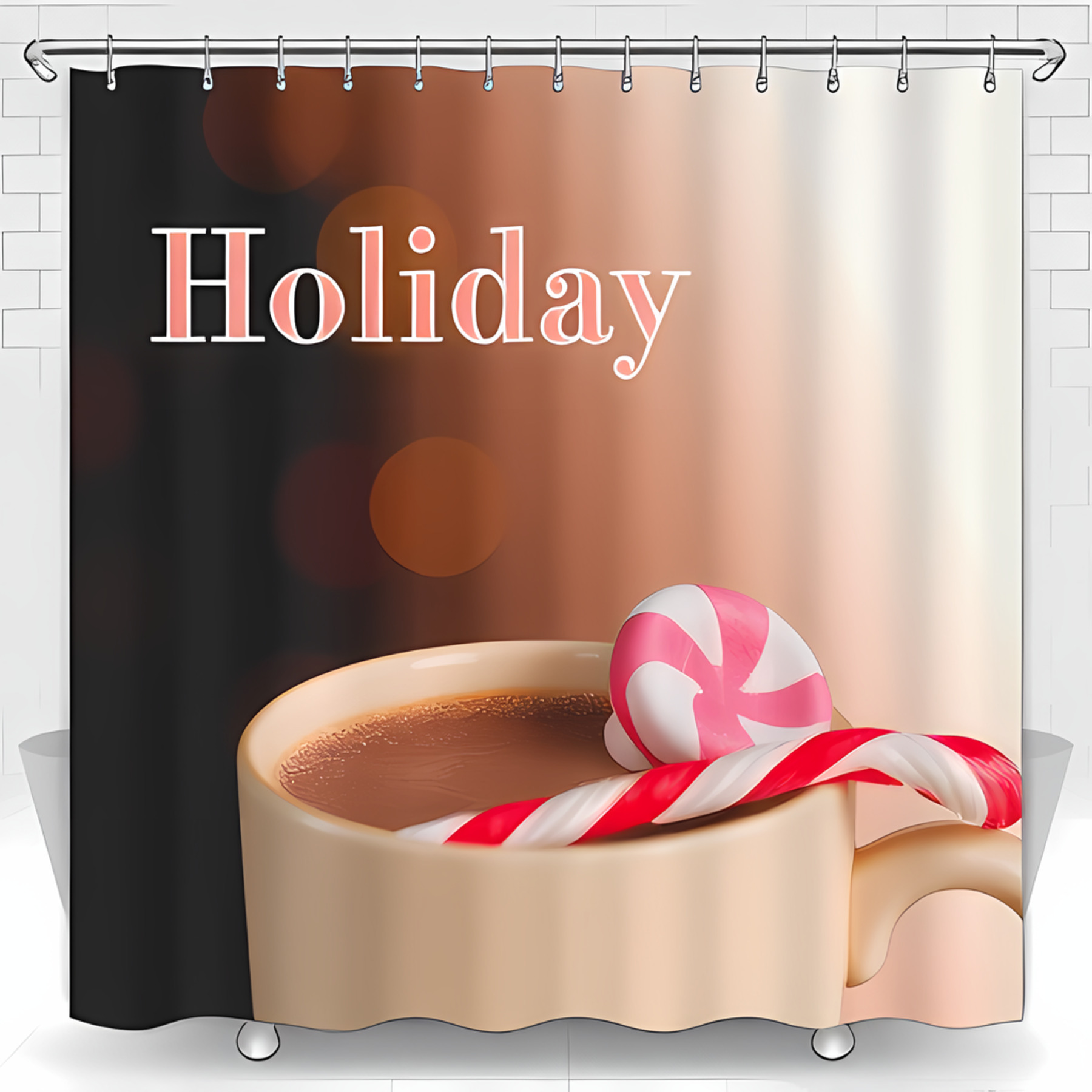 Cozy Holiday Shower Curtain with Hot Chocolate Candy and Twinkling ...