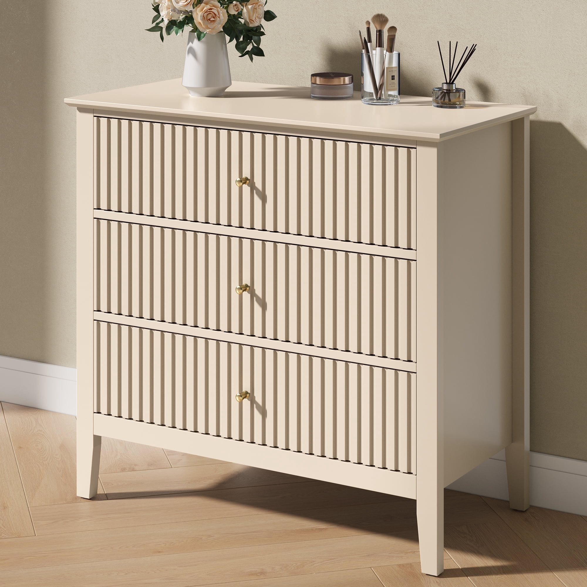 Cozy Home Beige 3 Drawer Dresser, Painted 30ch Tall Wood Nightstand ...