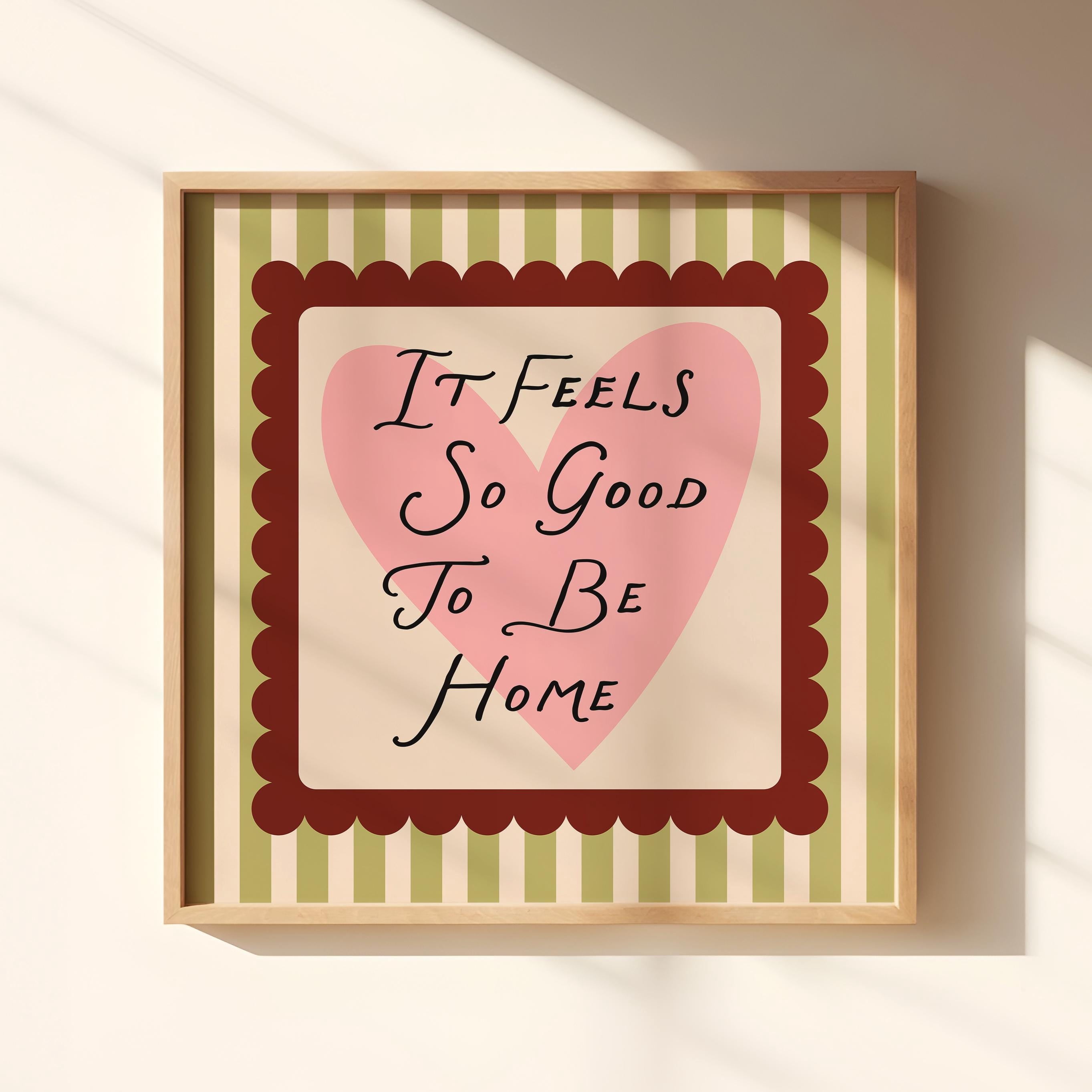 Cozy Home Quote Print: Retro Pink Heart Olive Green Stripes No Frame ...