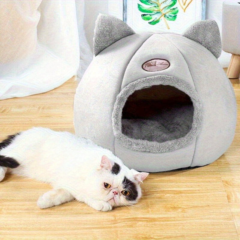 Cozy Igloo Cat House with Plush Gray & White Design, Soft Cushioned ...