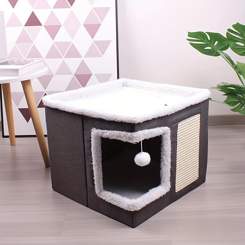 Cozy Indoor Cat Cube House with Scratch Pad & Hideaway Tent - Durable ...