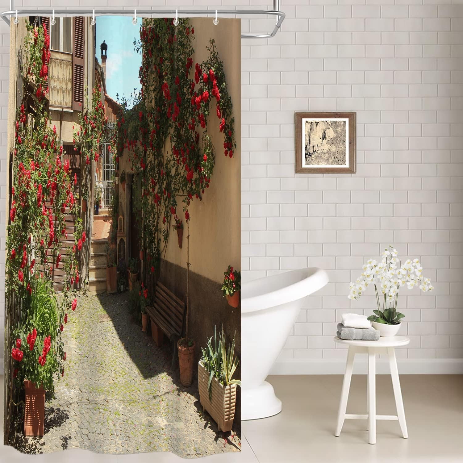 Cozy Italian Courtyard Decor Shower Curtain,Red Roses Architecture ...