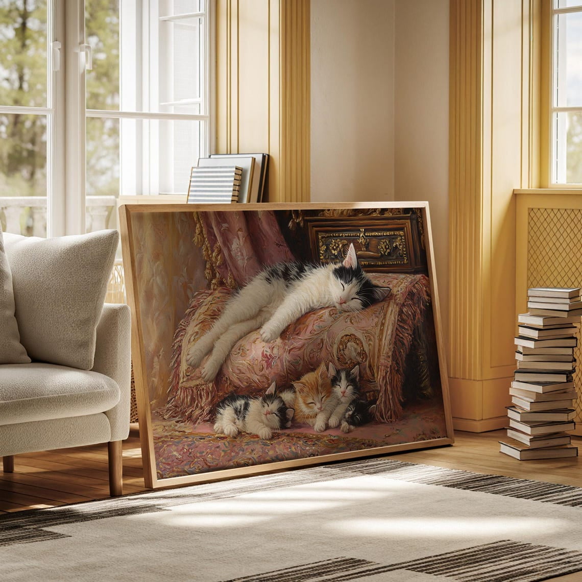 Cozy Kittens Sleeping On A Velvet Couch, A Peaceful Family Of Cats In A ...