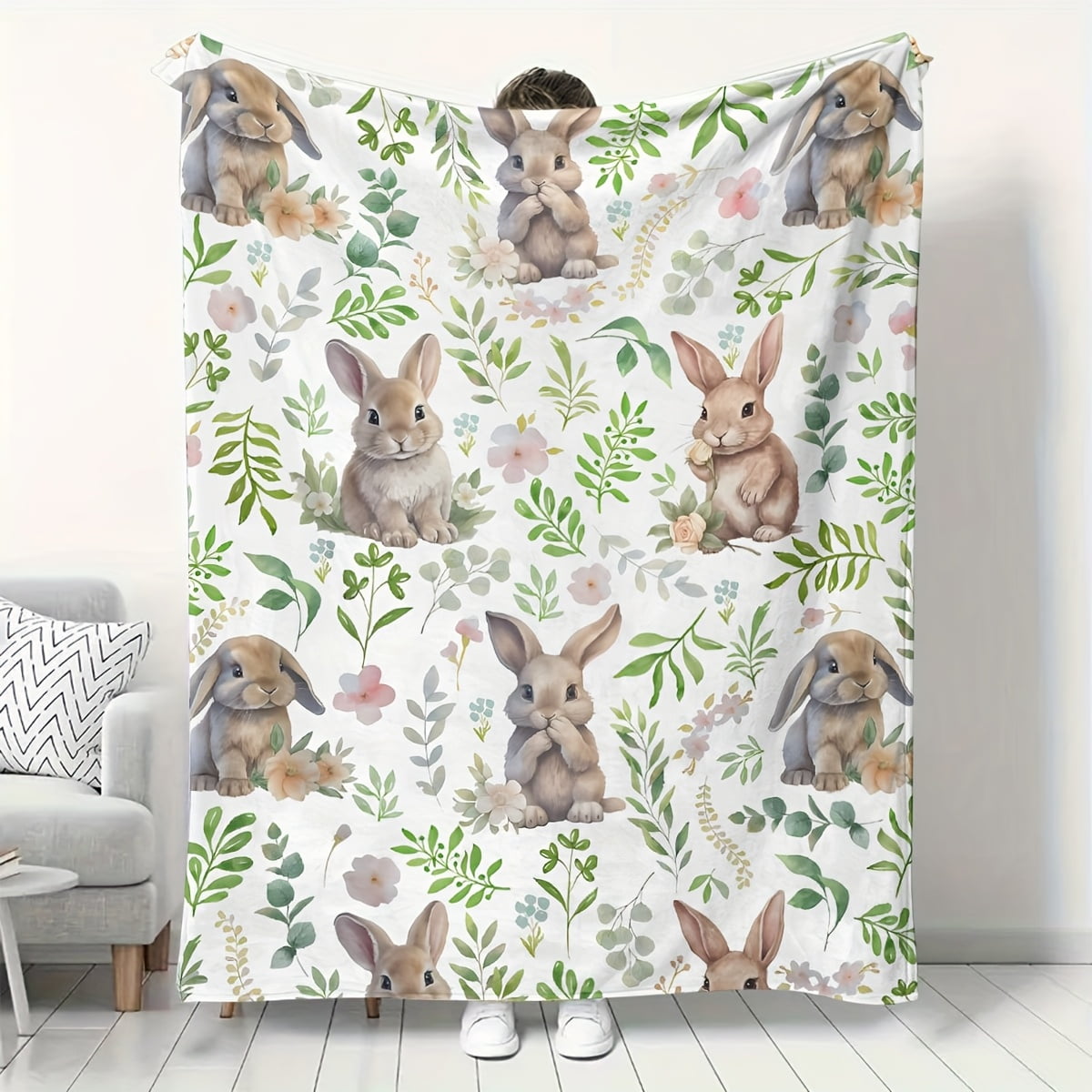 Cozy Leaf Rabbit Pattern Flannel Blanket - Whimsical Bunny Floral ...