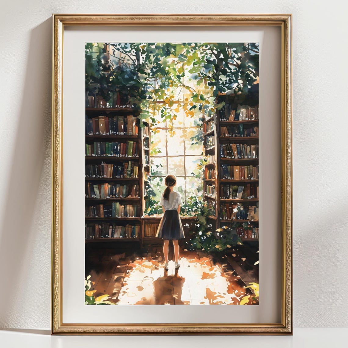 Cozy Library Art Print – Girl In Sunlit Book Nook Wall Decor ...