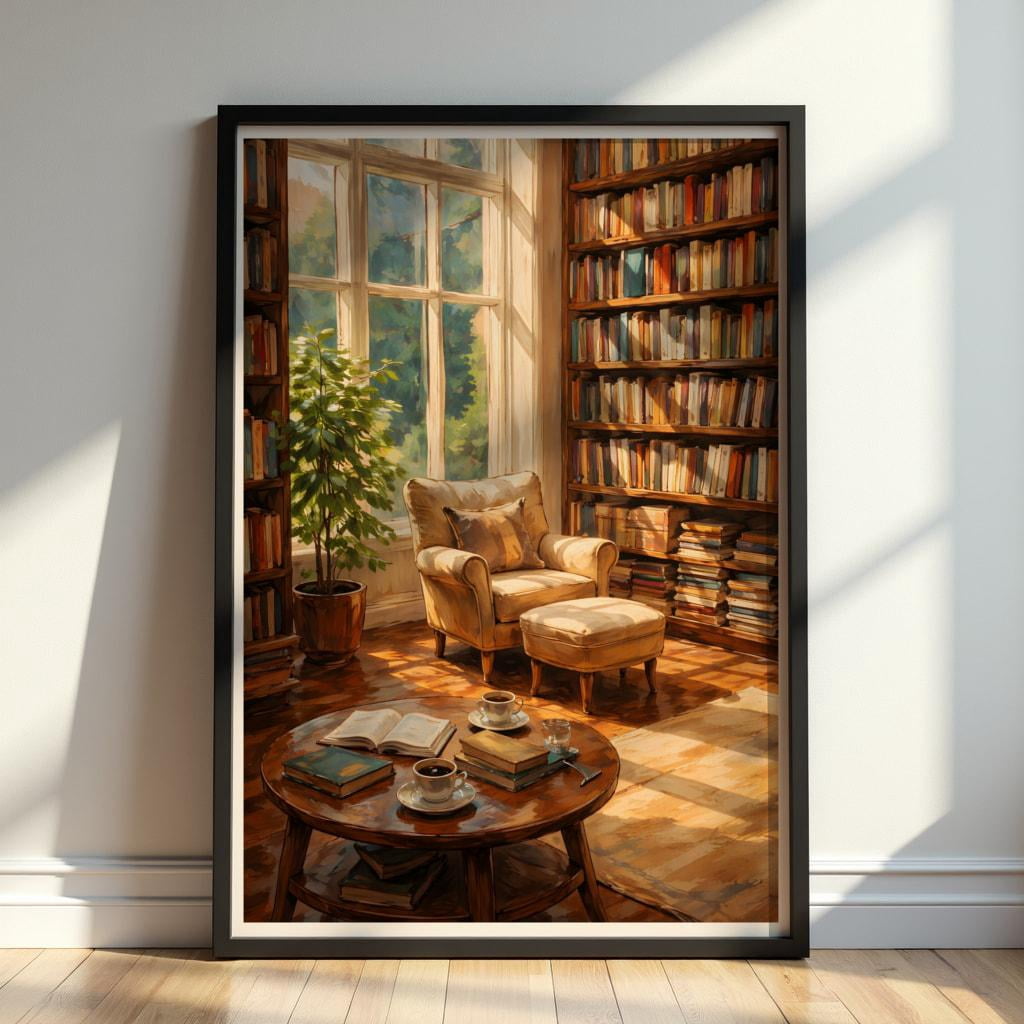 Cozy Library Reading Nook Wall Art Book Lover Print Warm Literary Room ...