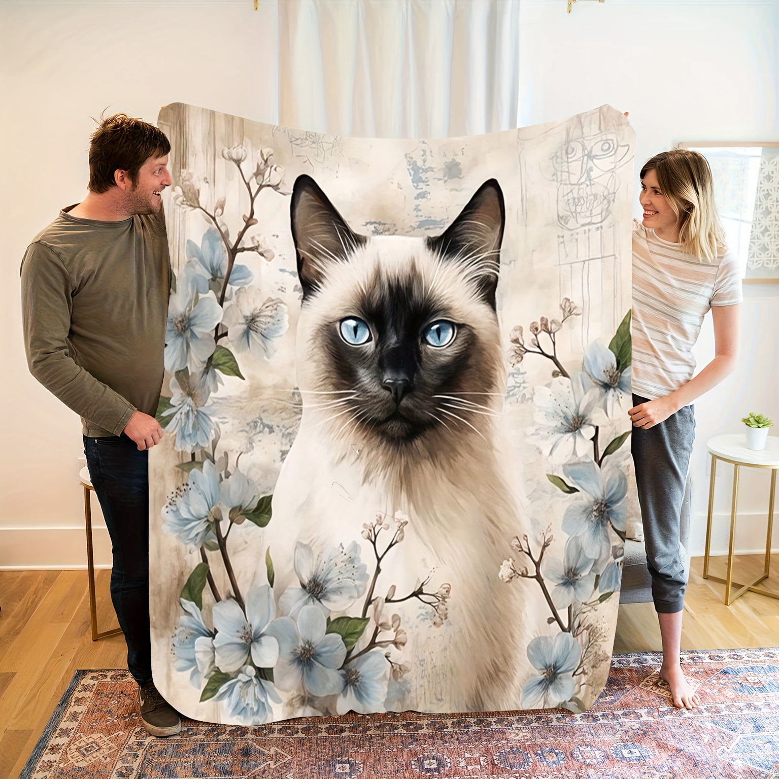 Cozy Light Blue Floral & Siamese Cat Print Flannel Throw Blanket - Soft ...