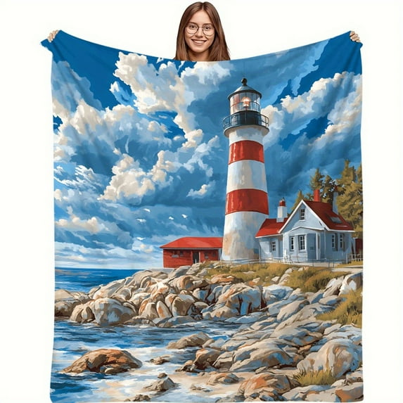 Cozy Lighthouse & Coastal Scene Throw Blanket - Soft Flannel, Red ...