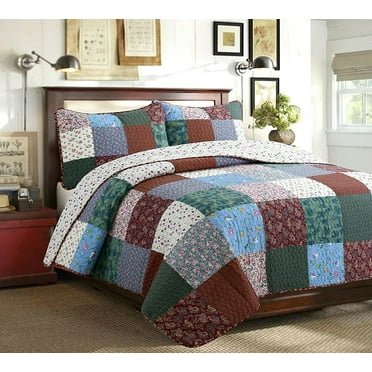 Cozy Line Floral Patchwork 100% Cotton 3-Piece Quilt Bedding Set, Queen ...