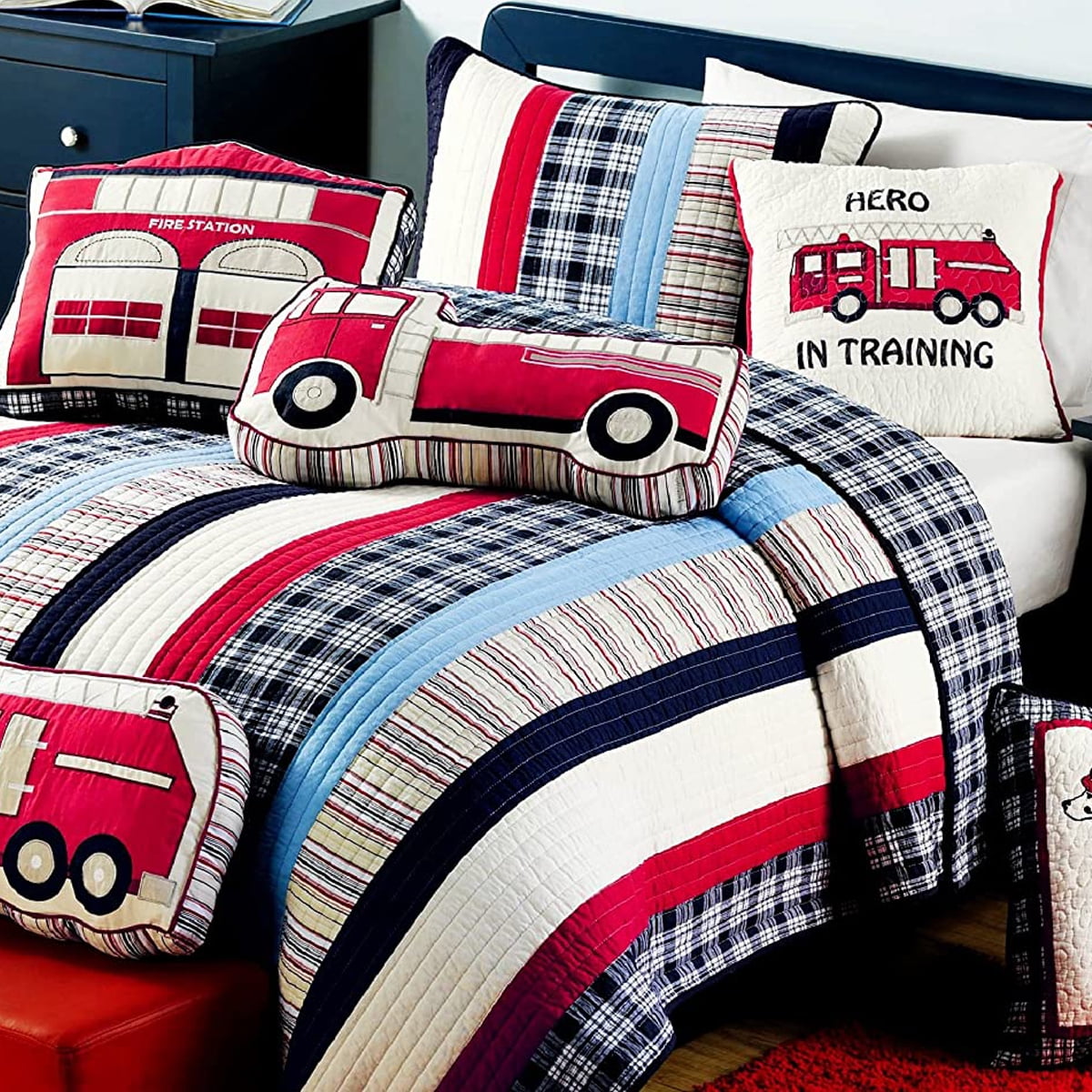 Cozy Line Cars Collection Quilt Bedding Set Cotton Navy/Blue/Red Stripe ...