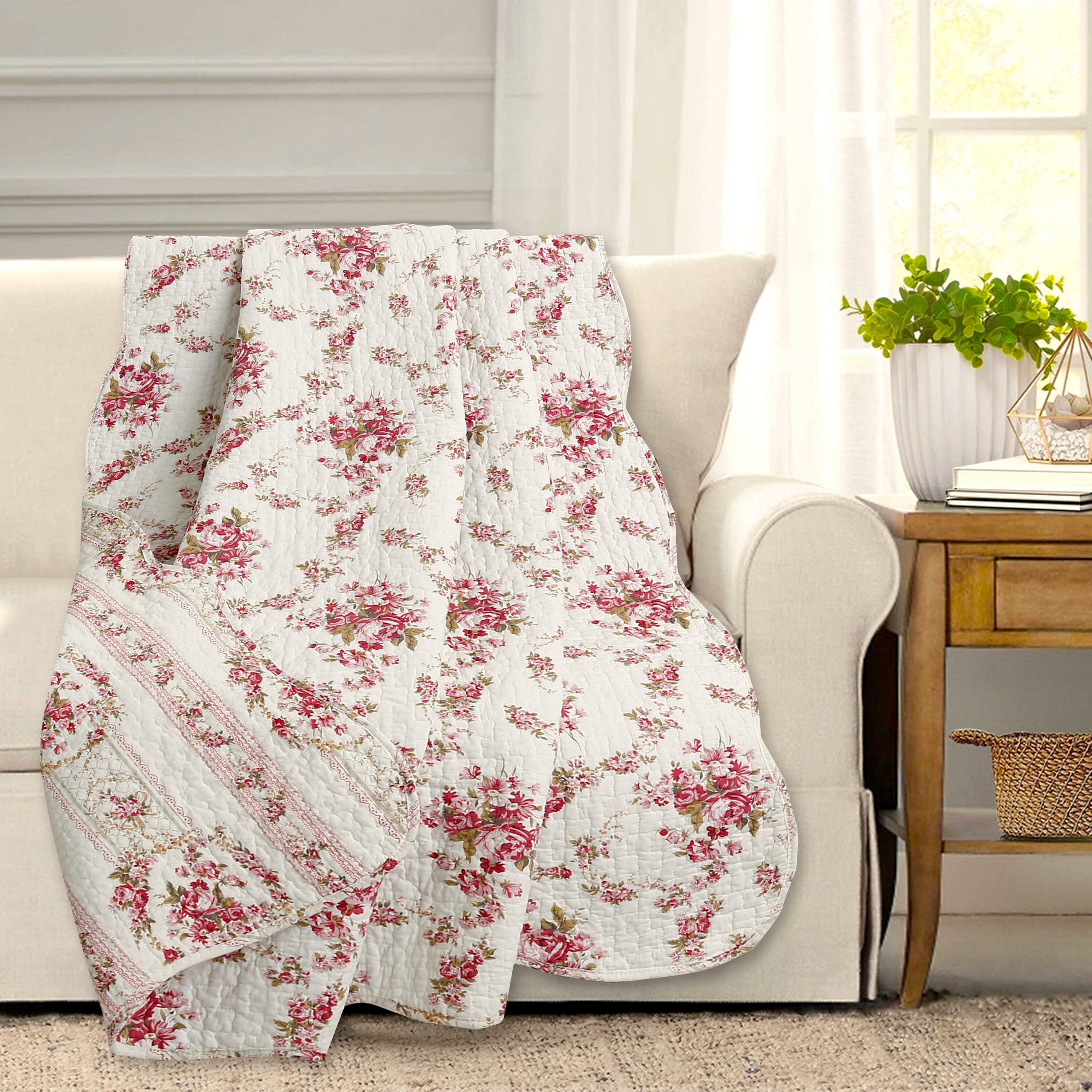 Cozy Line Chic Shabby Spring Rose 100% Cotton Reversible Quilted Throw ...