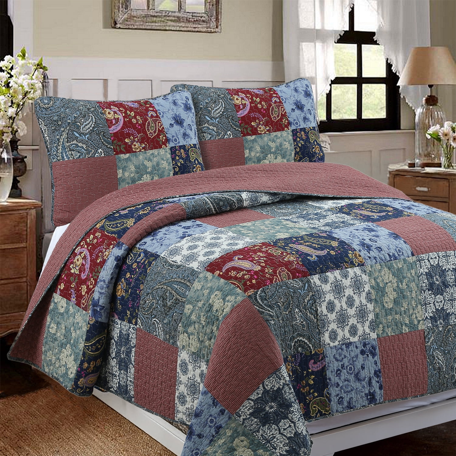 Cozy Line Country Blue Rose Floral Paisley Garden Cotton 3 Piece ...