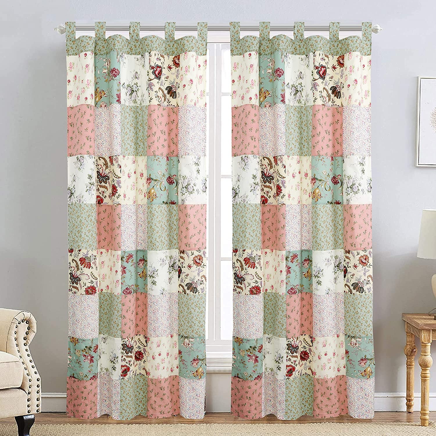 Cozy Line Home Fashions Floral Patchwork Blue Flowers Rod Pocket Light Filtering Curtains, 50" x ...