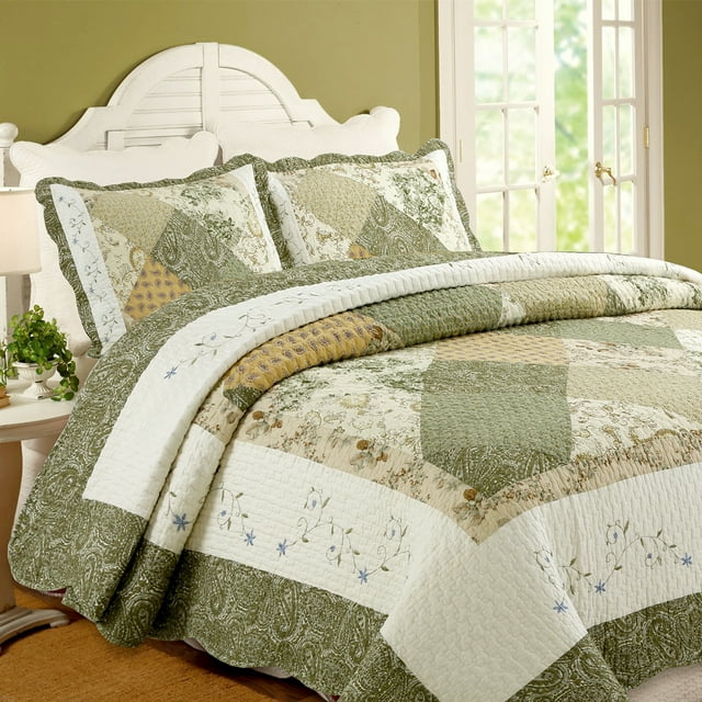 Cozy Line Grace Sage Real Floral Patchwork 100% Cotton Quilt Set, Twin ...