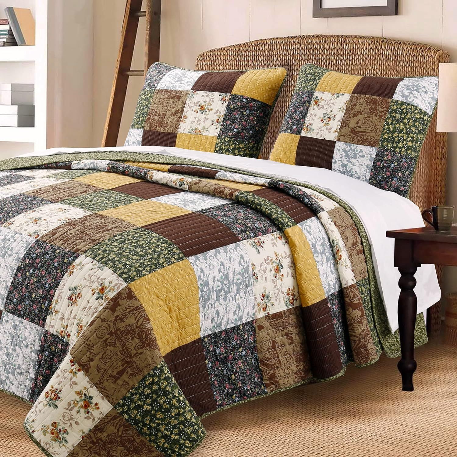 Cozy Line Home Fashions Andy Mustard Yellow Country Farmhouse Real Patchwork Quilt Bedding Set ...