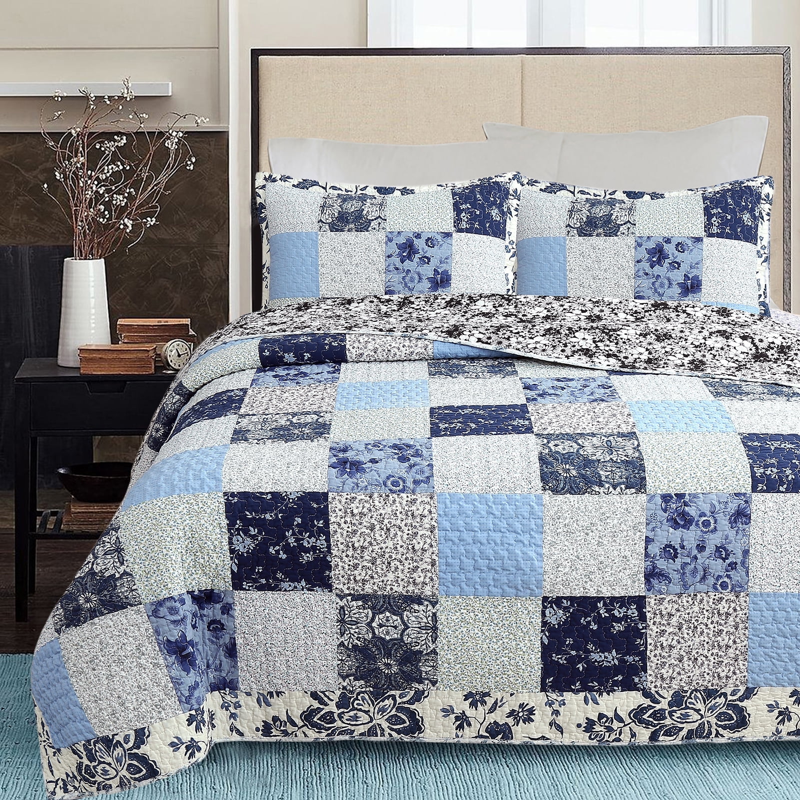 Cozy Line Home Fashions Azure Blue Floral Garden Patchwork 3 Piece King ...