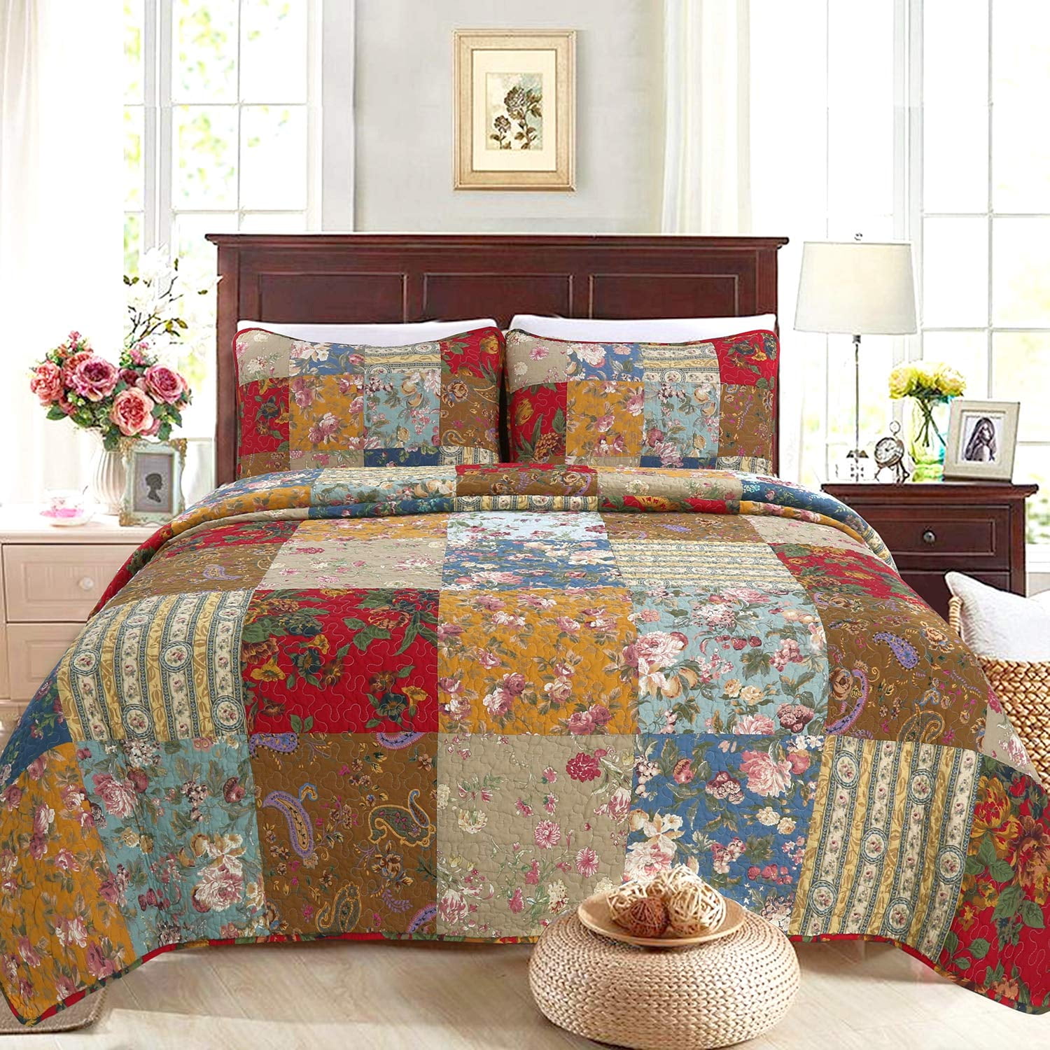 Cozy Line Home Fashions, Quilt Bedding Set, Queen, Floral Patchwork ...
