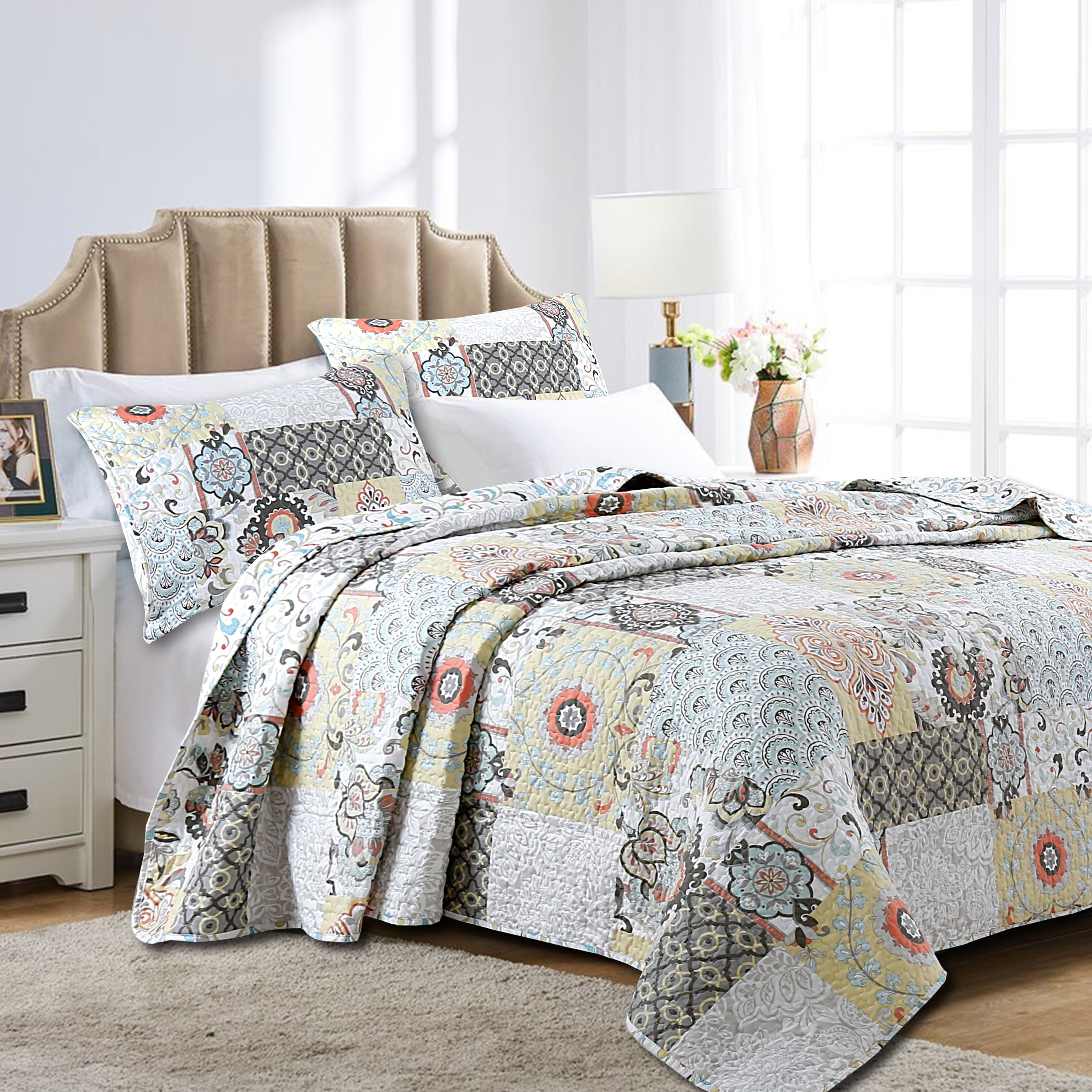 Cozy Line Home Fashions Floral Patchwork Quilt Bedding Set, Reversible ...