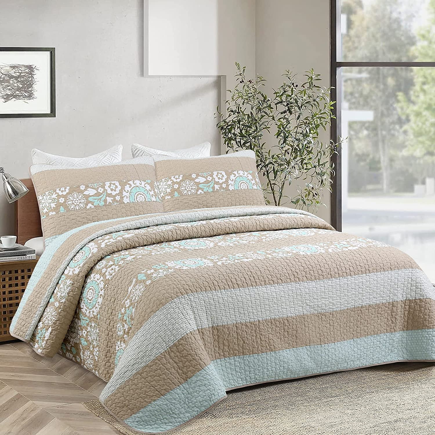 Cozy Line Home Fashions Floral Stripe Ogee Tan Brown Mint Green Cotton ...