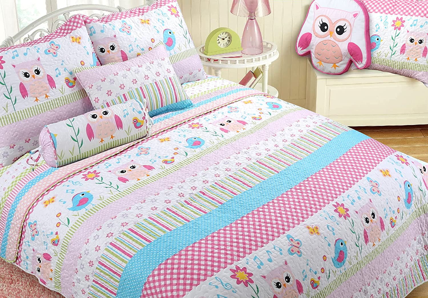 Cozy Line Home Fashions Happy Owl Twin - 6 Piece Pink Reversible Quilt ...