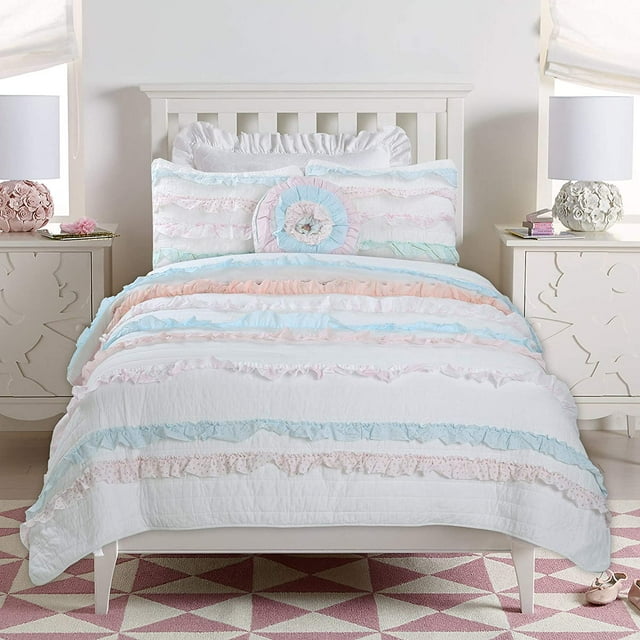 Cozy Line Home Fashions Pink Blue Lace Stripe Floral Flower Print ...