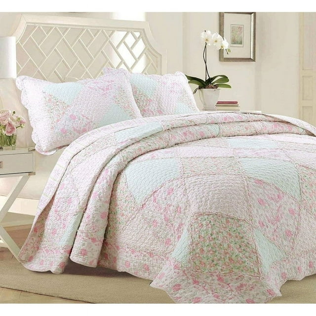 Cozy Line Home Fashions Reversible Cotton Quilt Set, Pink Rosa Floral ...