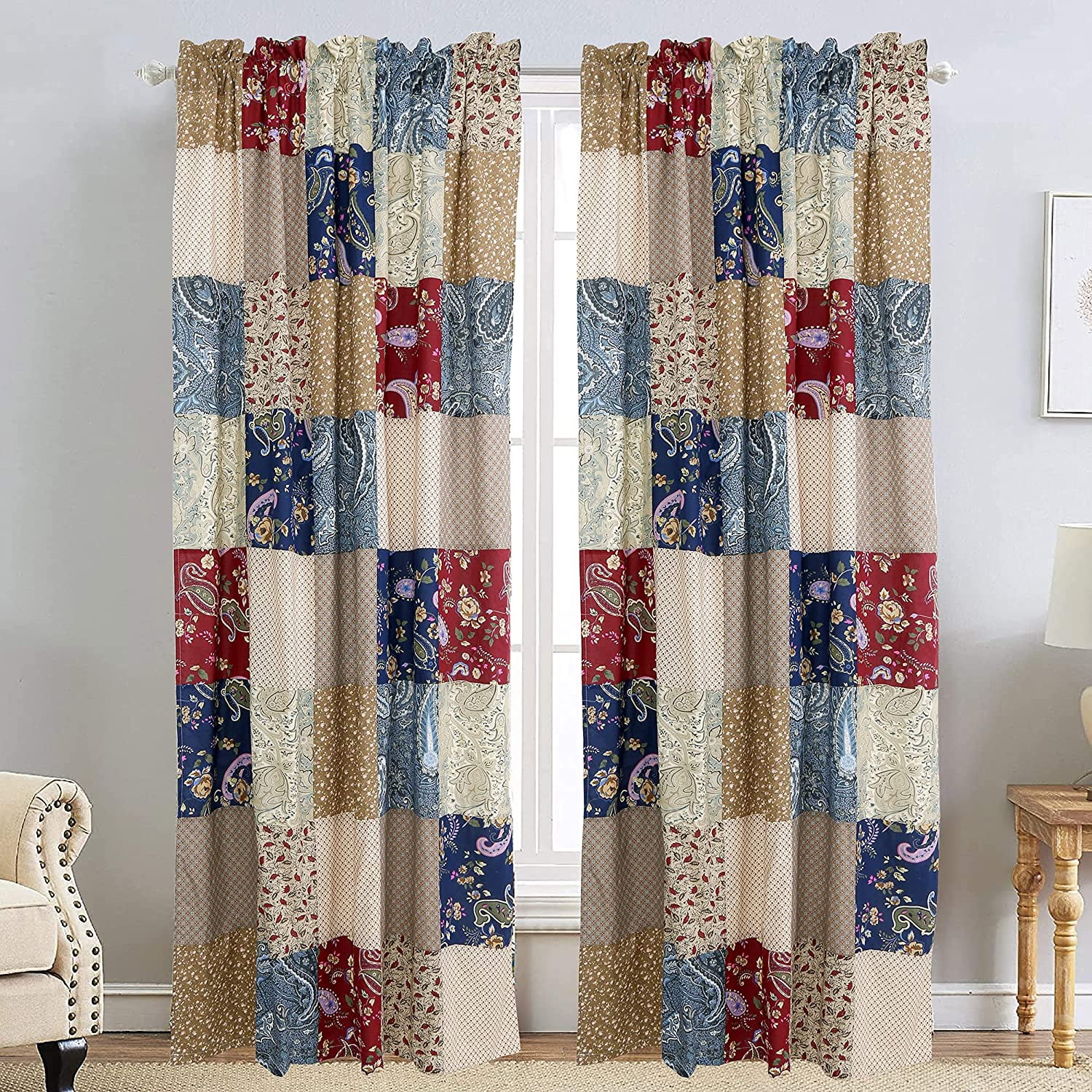 Cozy Line Home Fashions Sanders Red Navy Blue Brown Patchwork Window Curtains with Tie Backs Set ...
