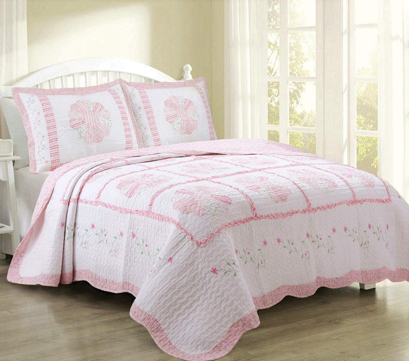Cozy Line Vintage Pink Daisy Field Calico Floral 100% Cotton Quilt Set ...